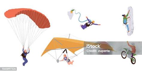 익스트림 스포츠 세트 사람들 스카이 다이빙 자유형 모터 크로스 로프 또는 번지 점프 암벽 등반 등정에 대한 스톡 벡터 아트 및 기타 이미지 Istock