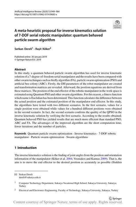 A Meta Heuristic Proposal For Inverse Kinematics Solution Of 7 Dof Serial Robotic Manipulator