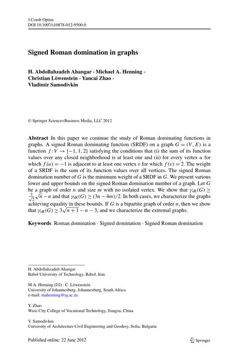 Pdf Signed Roman Domination In Graphs