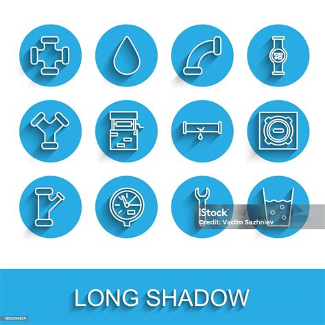 세트 라인 산업 금속 파이프 수량계 렌치 스패너 물과 유리 우물 맨홀 하수구 뚜껑 및 깨진 누수 아이콘 벡터 거리에 대한 스톡