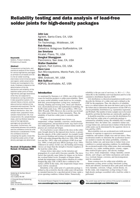 Pdf Reliability Testing And Data Analysis Of Lead Free Solder Joints For High Density Packages