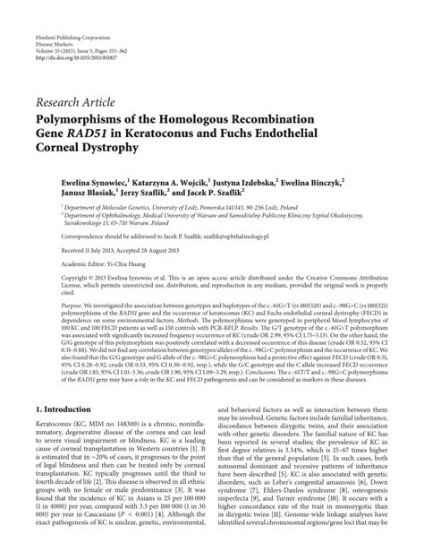 Pdf Polymorphisms Of The Homologous Recombination Gene Rad51 In Keratoconus And Fuchs