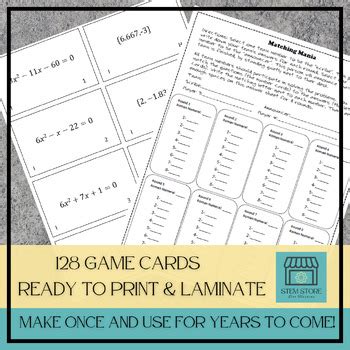 Solving Quadratics By Using Quadratic Formula Algebra Matching Game