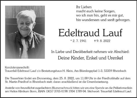 Traueranzeigen Von Edeltraud Lauf Wirtrauern