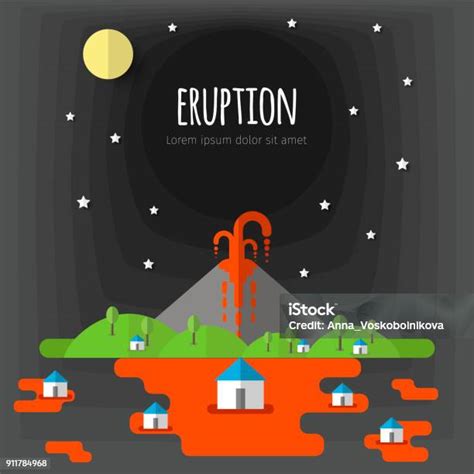 Ilustrasi Vektor Letusan Gunung Berapi Lanskap Gunung Yang Indah Langit Awan Bintang Rumah Desa