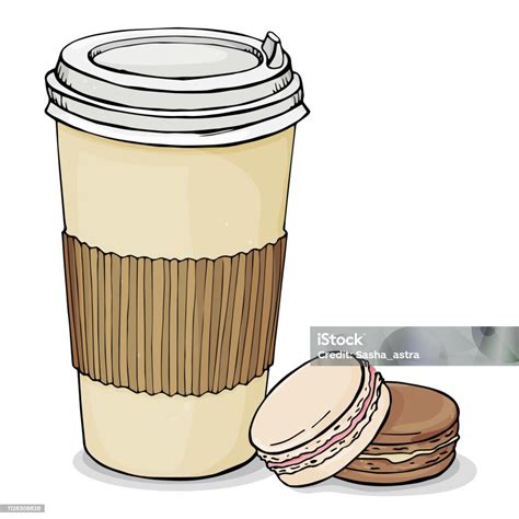 종이 컵 뚜껑 뜨거운 커피를 빼앗 고 신선한 마 카 롱 쿠키와 함께 흰색 바탕에 벡터 그림입니다 가리기에 대한 스톡 벡터 아트