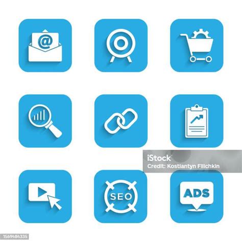 체인 링크 Seo 최적화 광고 그래프 차트가 있는 클립보드 돋보기 및 분석 장바구니 및 메일 이메일 아이콘을 설정합니다 벡터 개선에 대한 스톡 벡터 아트 및 기타 이미지