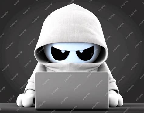 Lindo Hacker Anónimo Con Capucha Blanca Usando Computadora Portátil Concepto De Piratería ética