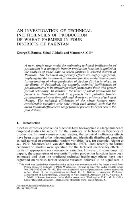 Pdf An Investigation Of Technical Inefficiencies Of Production Of Wheat Farmers In Four