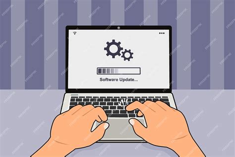 Premium Vector A Laptop On The Table With Updating Progress Bar On Screen Software System