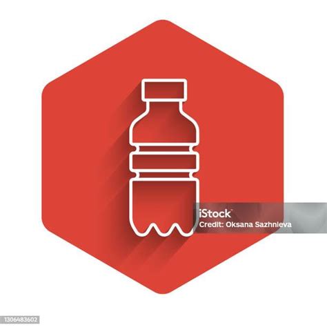 긴 그림자로 격리 된 물 아이콘의 흰색 라인 병 소다 아쿠아 음료 표지판 빨간 육각 버튼 벡터 0명에 대한 스톡 벡터 아트 및 기타 이미지 Istock