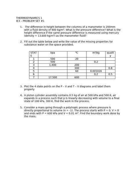 Thermodynamics Problem Set 1 Pdf