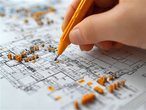 Electrical Engineer Drawing Power Circuits On Blueprints Stock