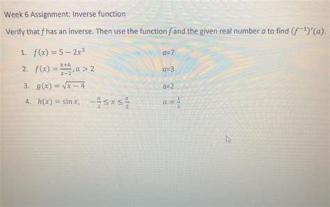 solved week 6 assignment inverse function verify that f has