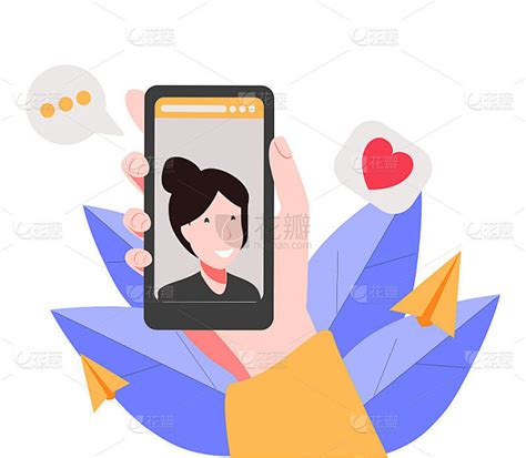 视频通话的概念。和所爱的人视频通话。男性手握智能手机与女友在屏幕上。手指触摸屏幕。矢量平面卡通插图的