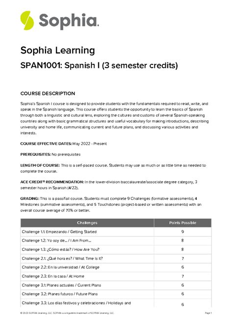 Sophia Spanish I Syllabus Sophia Learning Span1001 Spanish I 3