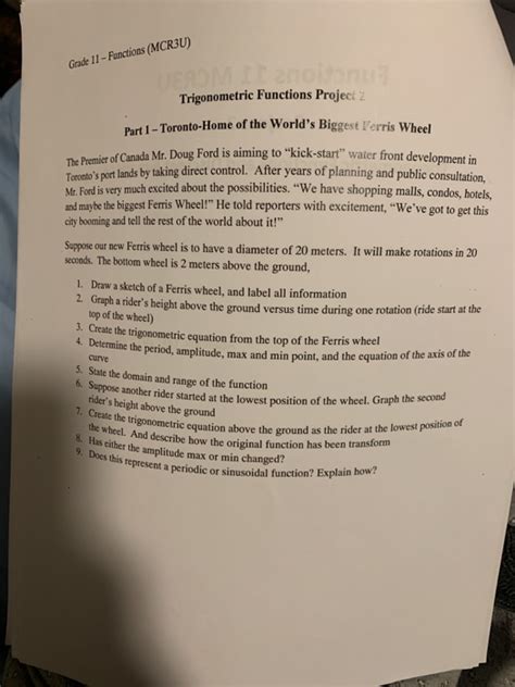 Solved Grade 11 Functions Mcr3u Trigonometric Functions