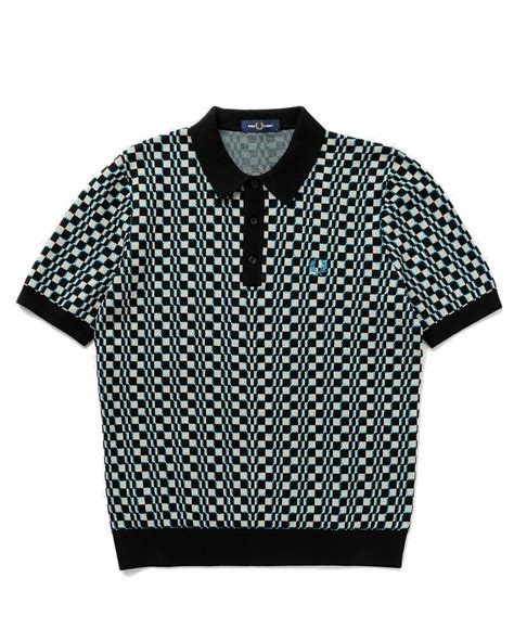 Fred Perry Glitch Chequerboard Knit Shirt Bluebeige Polos Fred Perry