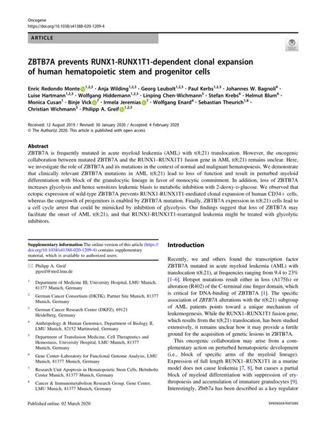 pdf zbtb7a prevents runx1 runx1t1 dependent clonal expansion of human
