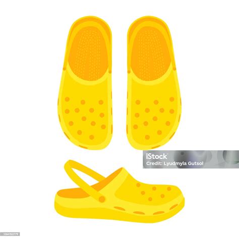 흰색 배경에 격리 된 노란색 플립 플롭 구멍과 스트랩고무 플립 플롭 실리콘 슬레이트 어린이와 성인을위한 나막신 여름 아쿠아 슈즈 샌들 벡터 플랫 일러스트레이션 샌들에 대한