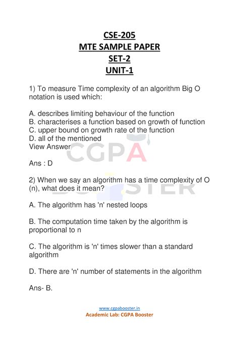 Dsa Set 2 Fzbfd Cgpabooster Cse 205 Mte Sample Paper Set 2 Unit 1 1 To Measure Time