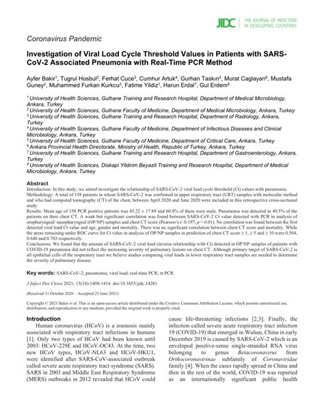 Pdf Investigation Of Viral Load Cycle Threshold Values In Patients With Sars Cov 2 Associated