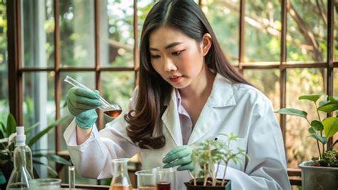 Beautiful Asian Woman In Lab Doing Experiments Premium AI Generated Image
