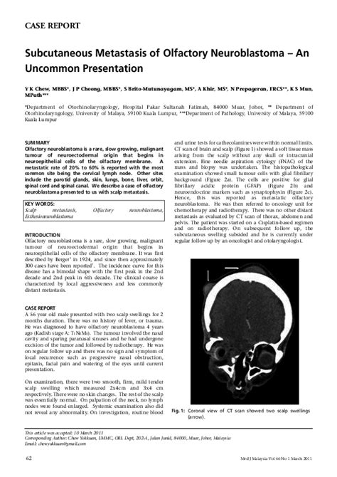 Pdf Subcutaneous Metastasis Of Olfactory Neuroblastoma An Uncommon Presentation