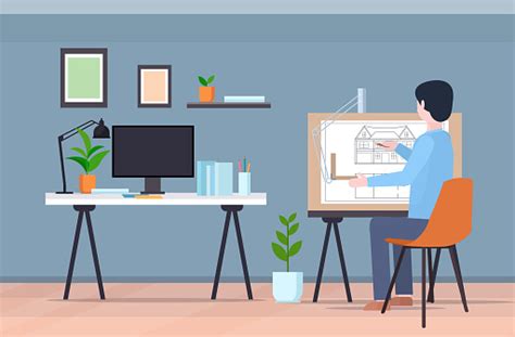 작업장 엔지니어 제도 주택 프로젝트에서 남자 건축가 조정 가능한 도면 보드 주택 계약자 설계 주택 계획 현대 초안 스튜디오 인테리어 전체 길이 수평 개념에 대한 스톡 벡터