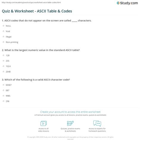 Quiz And Worksheet Ascii Table And Codes