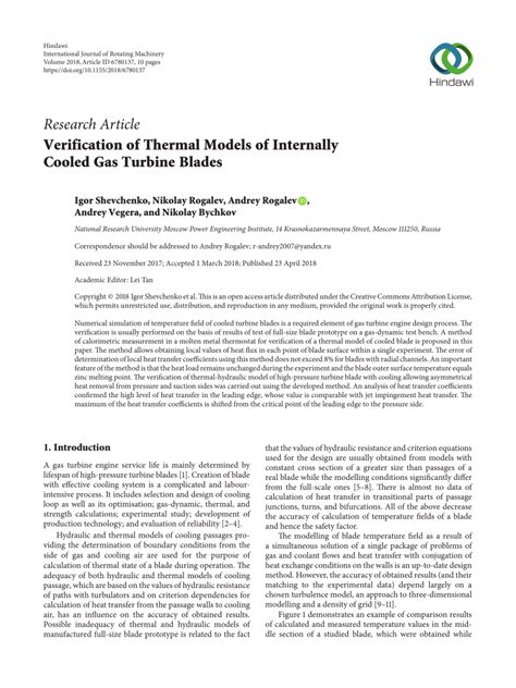 Pdf Verification Of Thermal Models Of Internally Cooled Gas Turbine Blades