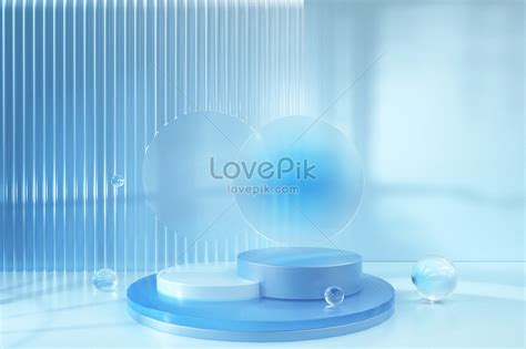 3d 입체 미니멀 스타일 블루 그라데이션 투명 전자상거래 부스 배경 사진 및 창의적인 일러스트 무료 다운로드 Lovepik