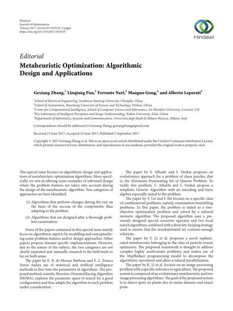 Pdf Metaheuristic Optimization Algorithmic Design And Applications