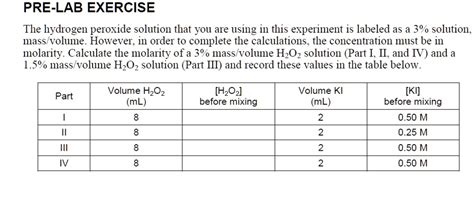 solved pre lab exercise the hydrogen peroxide solution that you are