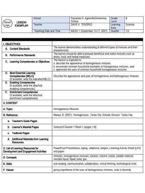 Science 6 Q1 Week 1 Lesson Exemplar Download Free Pdf Mixture Liquids