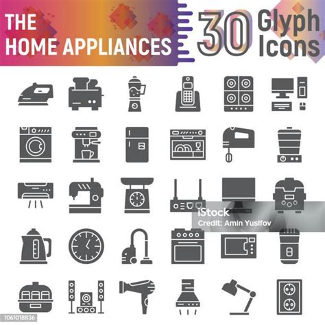 가전 글리프 아이콘 세트 주방 가구 표지판 흰색 배경에 고립 된 단색 무늬 패키지 로고 일러스트 벡터 스케치 컬렉션을 상징 10