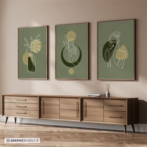 ست سه تابلوی دکوراتیو مینیمال با پس زمینه رنگ روغن برجسته سبز و طرح های