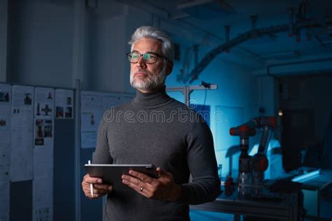 Portrait Of Robotics Engineer Holding Tablet Standing In Laboratory Concept Of Modern