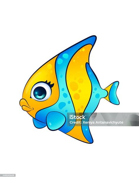 밝고 화려한 만화 물고기입니다 어린이 벡터 그림입니다 귀엽고 친근한 물고기 캐릭터의 생동감 넘치고 생동감 넘치는 벡터 일러스트레이션으로 어린이 디자인에 적합합니다 귀여운에