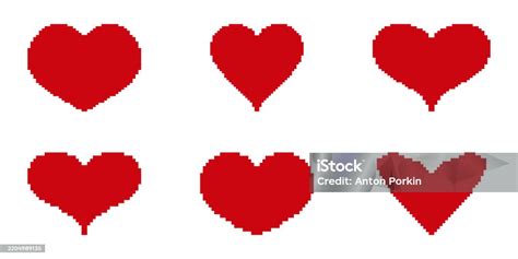하트 픽셀화 아이콘 세트입니다 다양한 모양의 빨간 하트의 픽셀 아트 심볼 컬렉션 고립 된 벡터 일러스트 레이 션 1980 1989 년에 대한 스톡 벡터 아트 및 기타 이미지