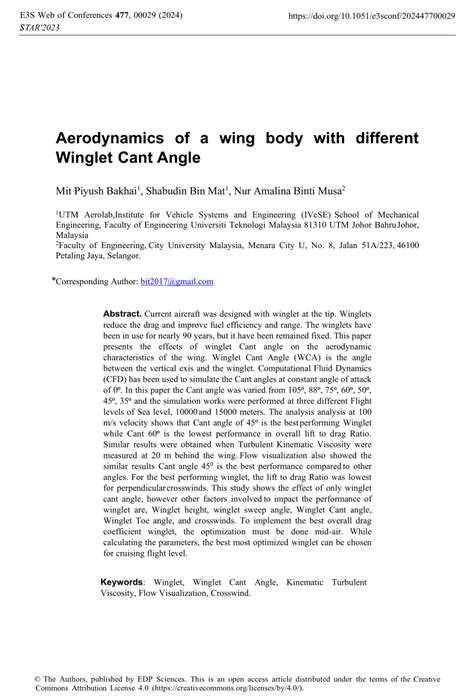 Pdf Aerodynamics Of A Wing Body With Different Winglet Cant Angle
