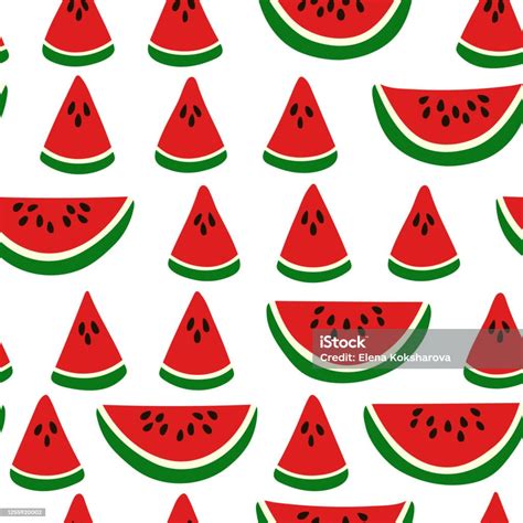 붉은 수박 조각과 매끄러운 패턴 끝없는 요소를 반복합니다 여름 프린트를 위한 육즙이 많은 맛있는 과일 섬유 포장 엽서 등에 대한