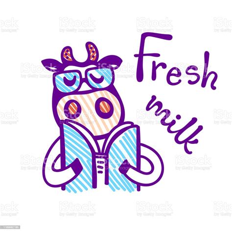 벡터 일러스트 라인 만화 암소 안경을 착용 하 고 책을 읽는 손으로 그린 고립 신선한 우유문자 보라색 색상입니다 패키지 포스터