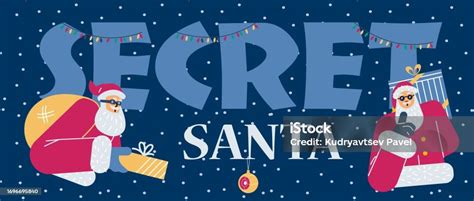 Secret Santa Banner With Text Flat Vector Illustration Funny Santa