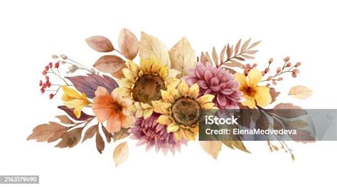 수채화 벡터가을 꽃다발 와 해바라기 달리아 와 나뭇잎 오렌지 부르고뉴 및 흙 톤의 꽃은 소박한 결혼식 디자인 인사말 카드 추수 감사절 장식을 제공합니다 손으로 그렸습니다