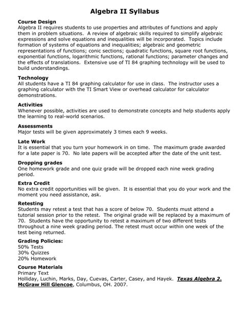 Algebra Ii Syllabus