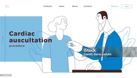 심장 청진 진료실 또는 실험실에서 시술을 수행하는 여성 환자 및 남성 의사 청진기 검사 절차 흑인과 백인 현대 평면 벡터 개념 그림 랜딩 페이지 디자인 템플릿 웹 사이트