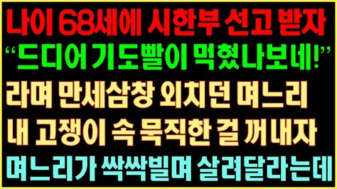 반전실화사연 나이 68세에 시한부 선고 받자 드디어 기도빨이 먹혔나보네라며 만세삼창 외치던 며느리 내 고쟁이 속 묵직한 걸 꺼내자 며느리가 싹싹빌며 살려달라는데커피
