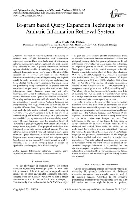 Pdf Bi Gram Based Query Expansion Technique For Amharic Information Retrieval System
