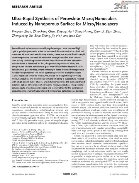 Pdf Ultra Rapid Synthesis Of Perovskite Micronanocubes Induced By